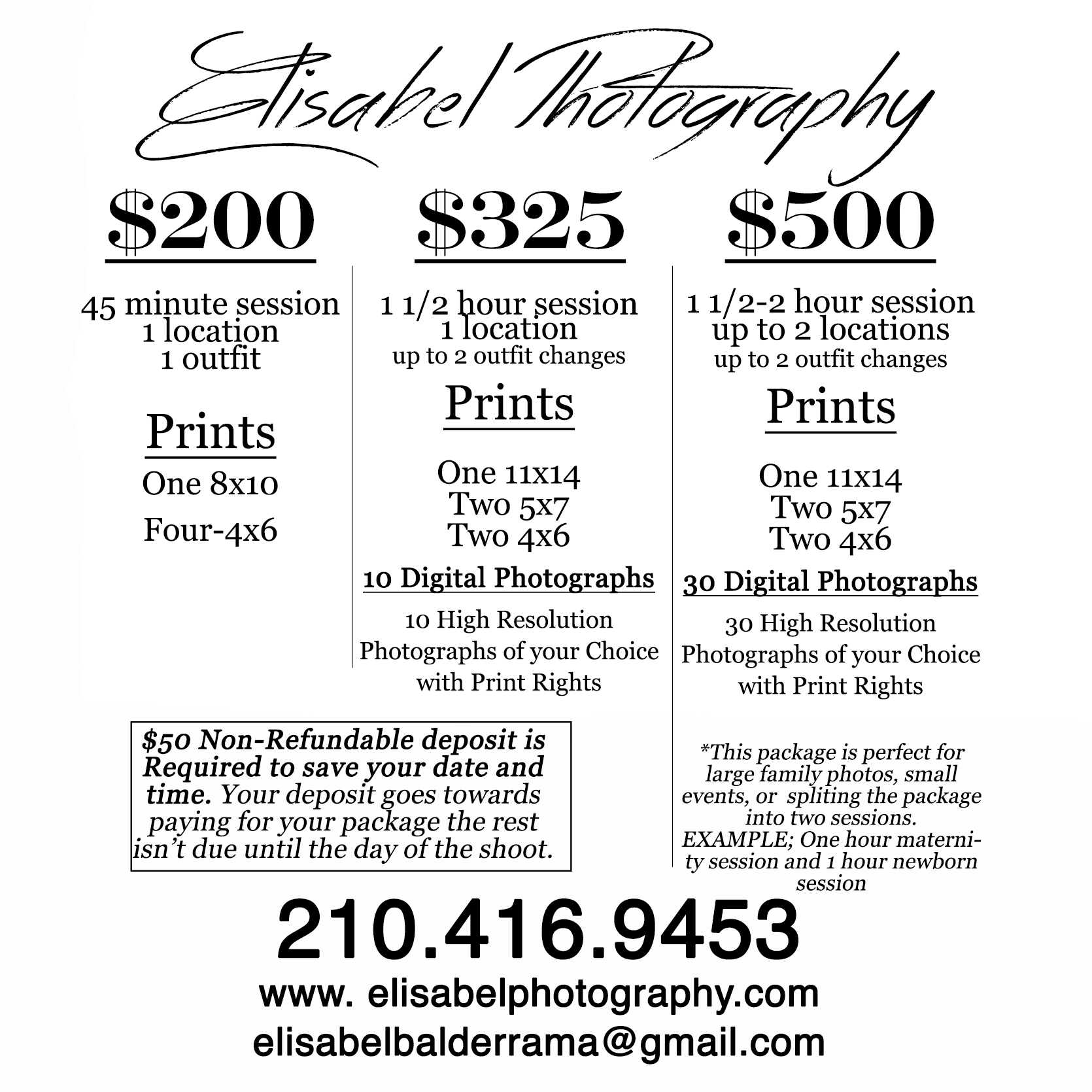 Prices, Packages, and Promotions – Elisabel Photography